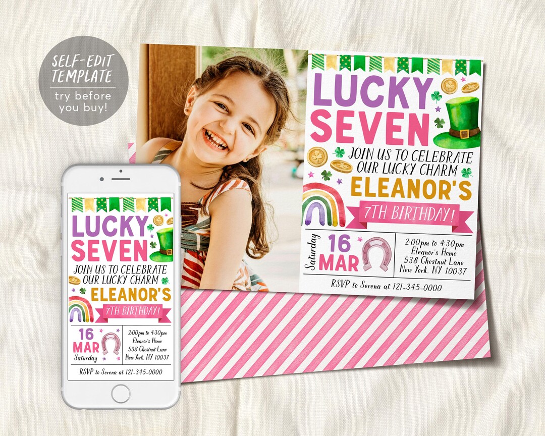 Lucky Seven 7th Birthday Invitation With Photo Editable Template, Pink ...