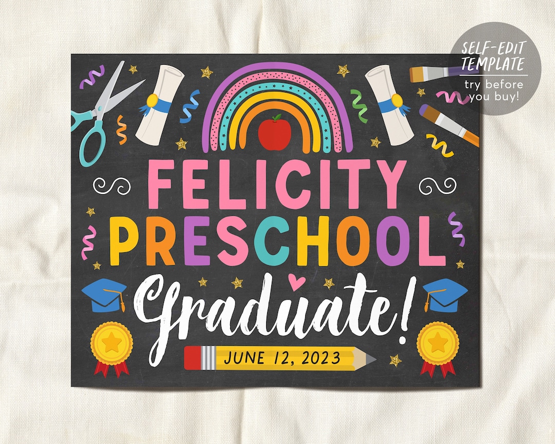 Preschool Girl Graduation Chalkboard Sign Editable Template, Pre K ...