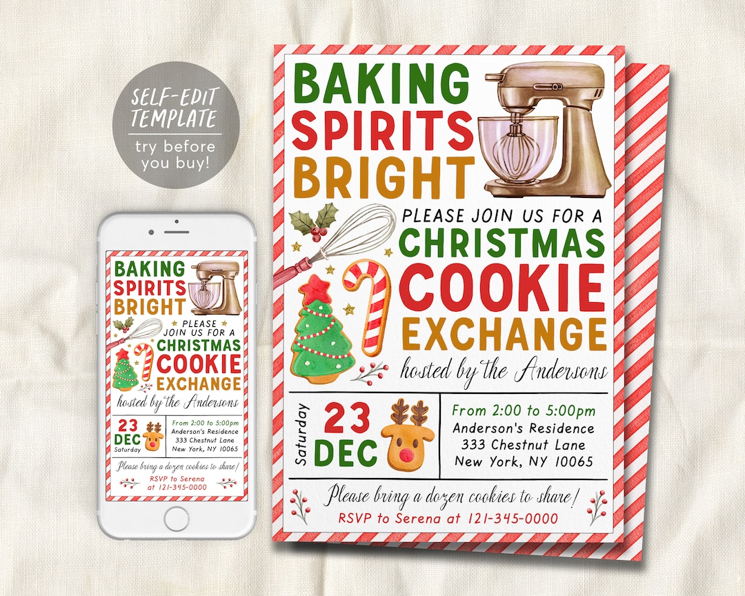 Christmas Cookie Exchange Party Invitation Editable Template, Holiday ...