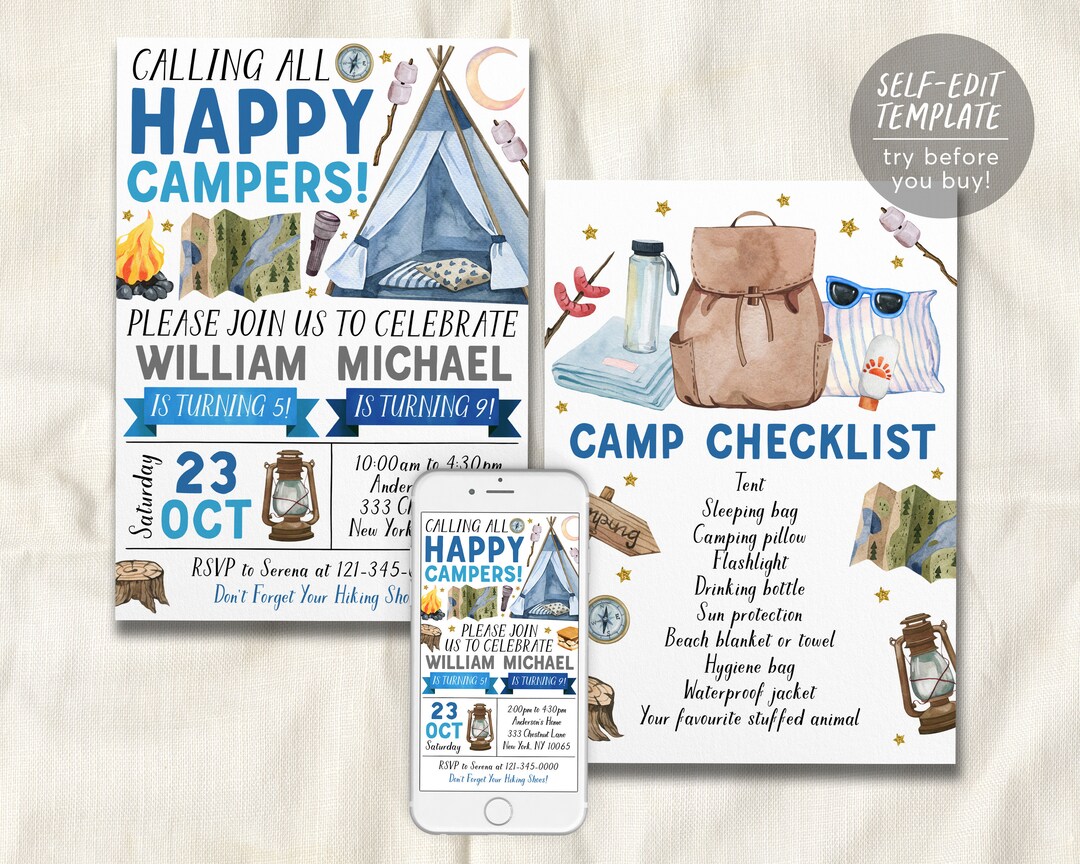 Joint Siblings Camping Birthday Invitation Editable Template, Boy Twins ...