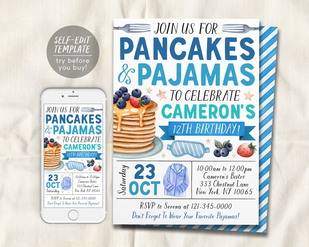Pancakes and Pajamas Birthday Invitation Editable Template, Boy ...