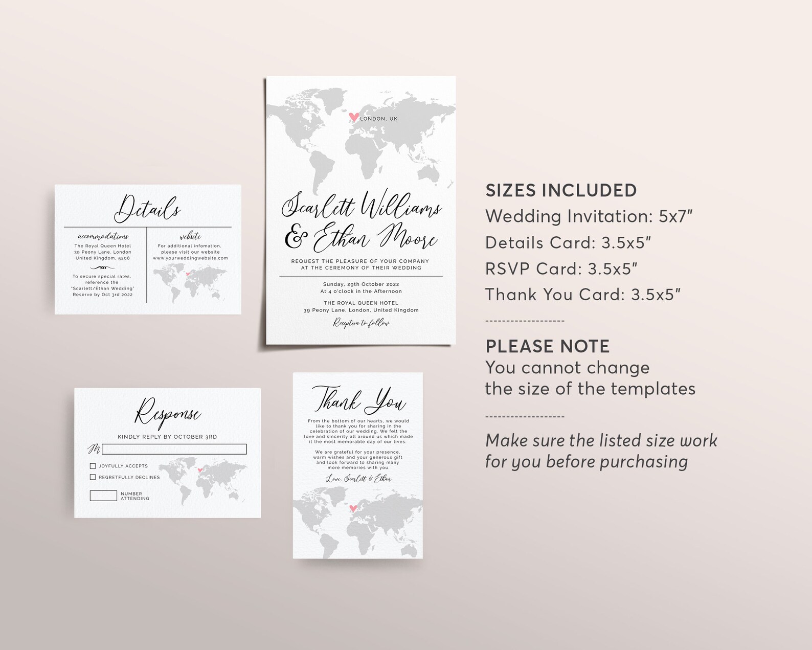 Editable World Map Wedding Invitation Suite Template - Etsy