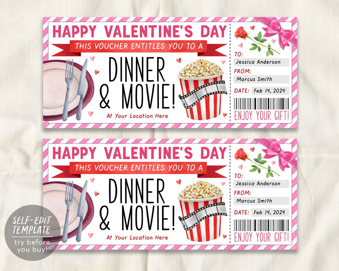 Valentines Day Dinner and Movie Voucher Editable Template, Surprise ...