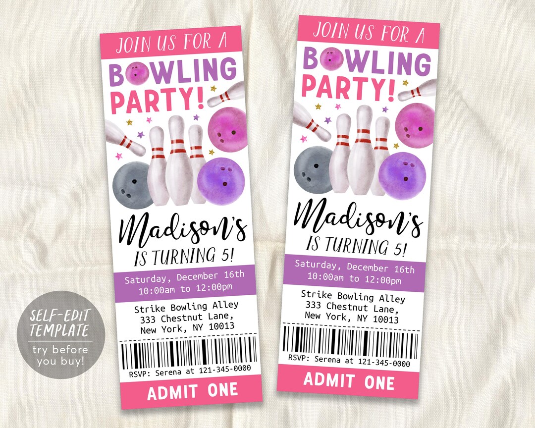 Bowling Birthday Ticket Invitation Editable Template, Girl Sports ...