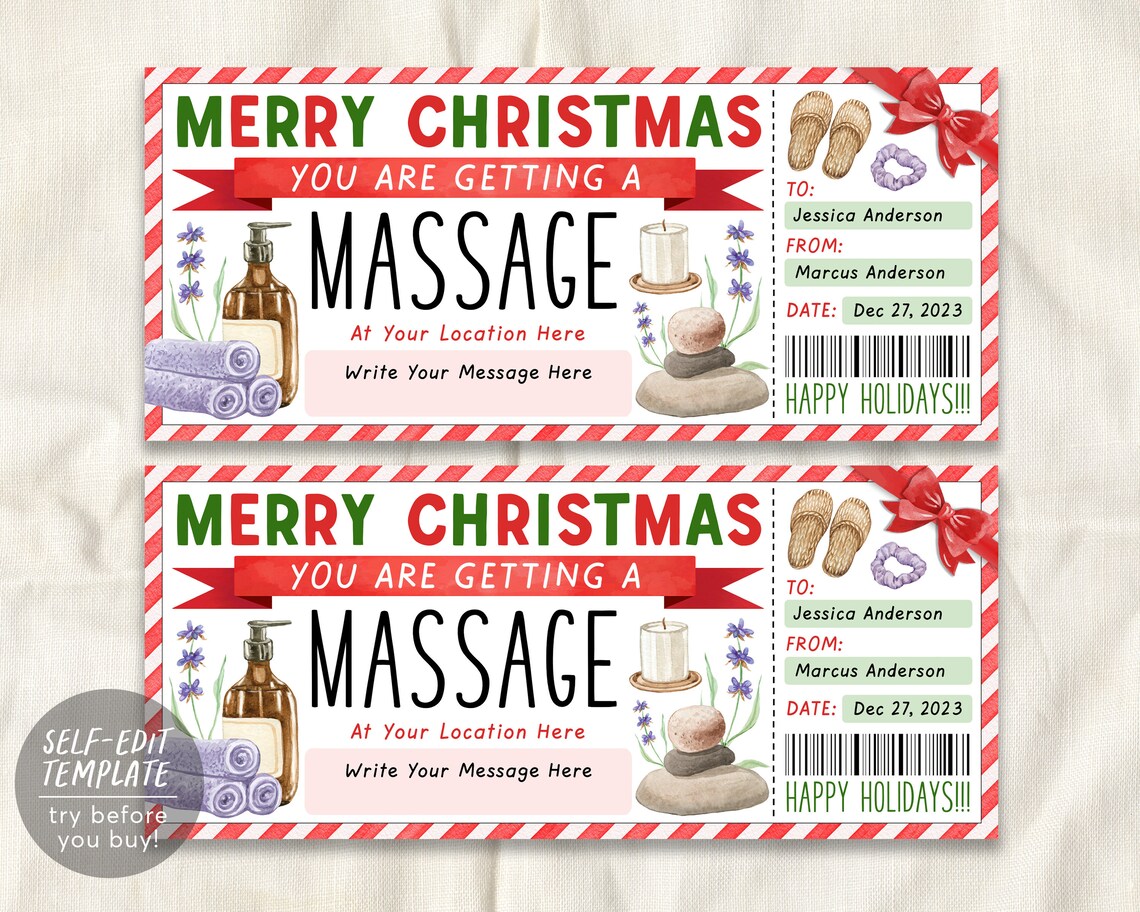 Christmas Massage Gift Certificate Ticket Editable Template, Surprise ...