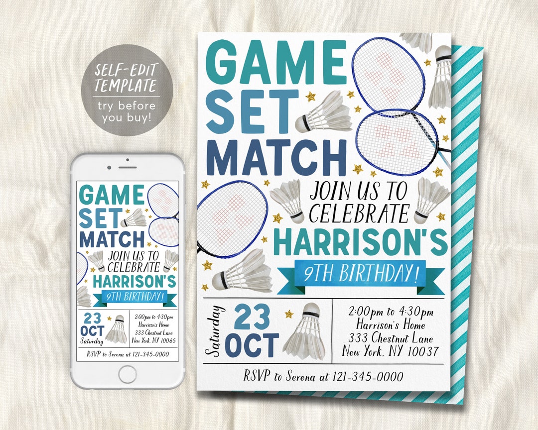 Badminton Birthday Invitation Editable Template, Boy Badminton Party ...