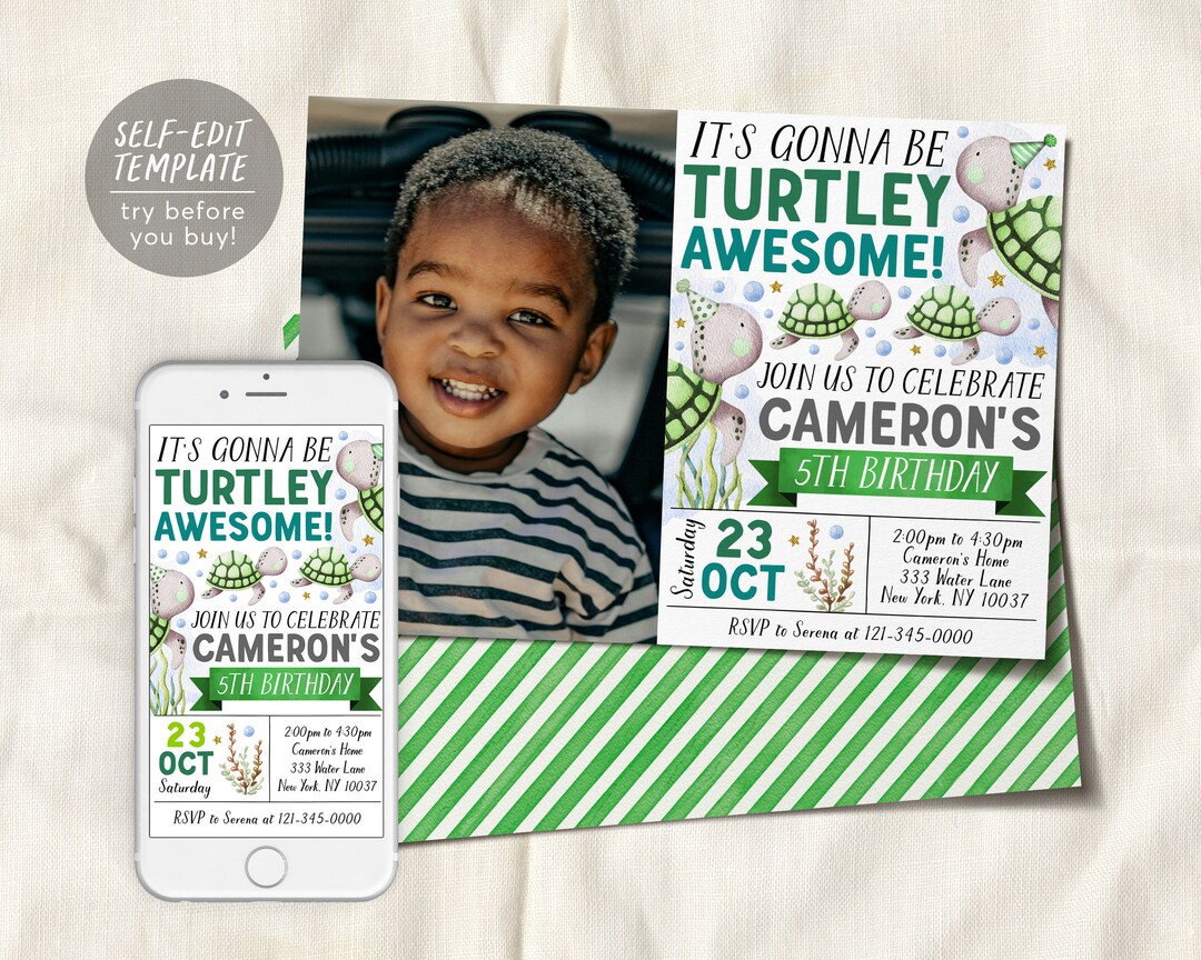Turtle Birthday Invitation With Photo Editable Template, Turtley ...
