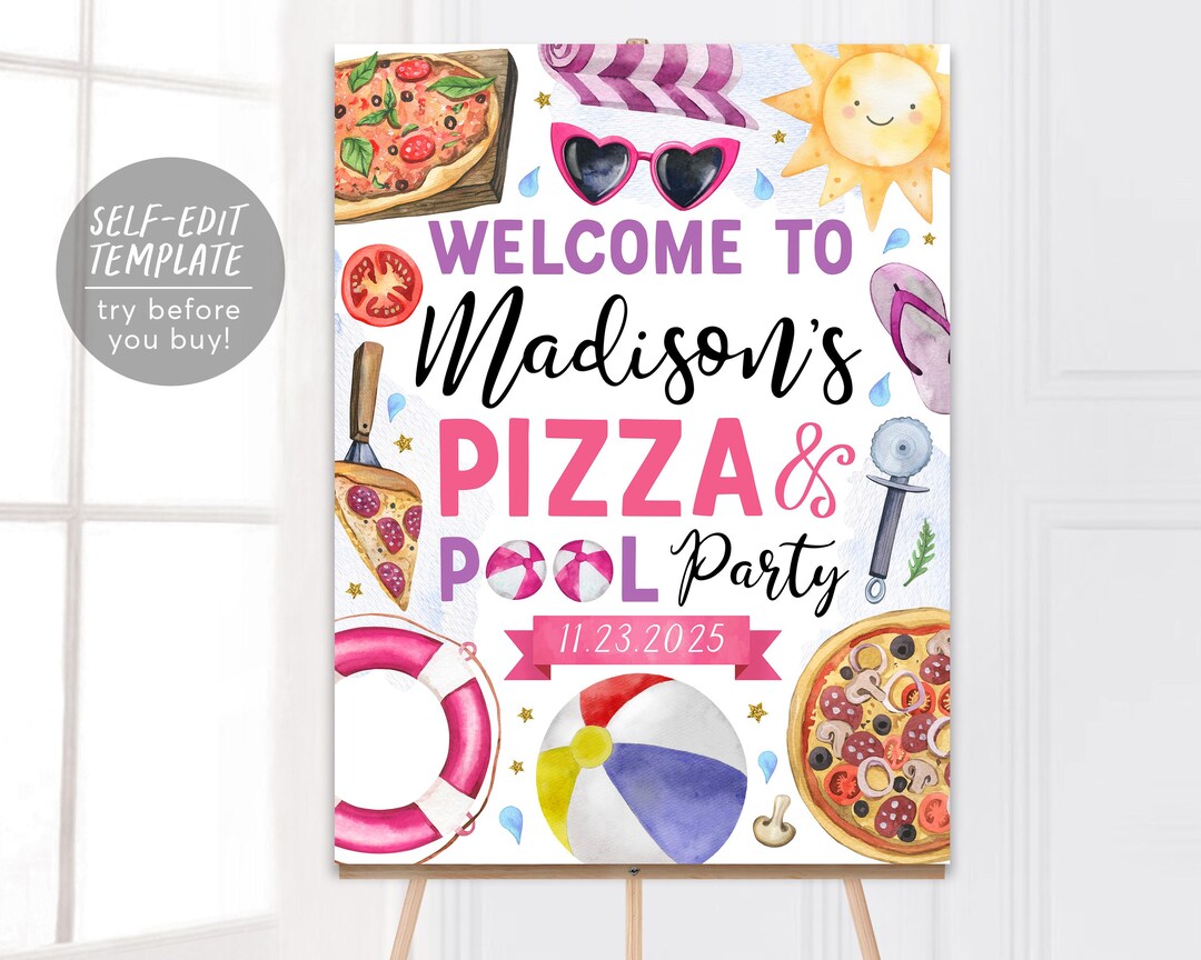 Pizza Pool Party Welcome Sign Editable Template, Girl Summer Swimming ...