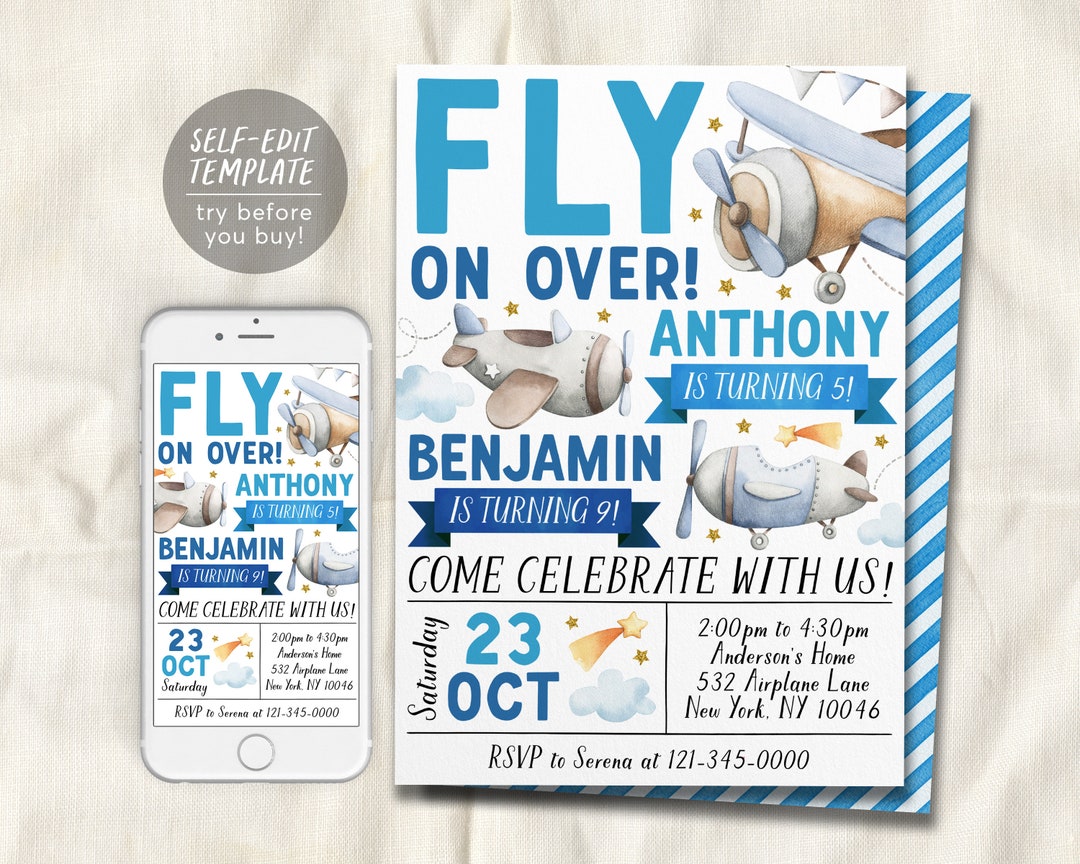 Airplane Joint Siblings Birthday Invitation Editable Template, Twins ...