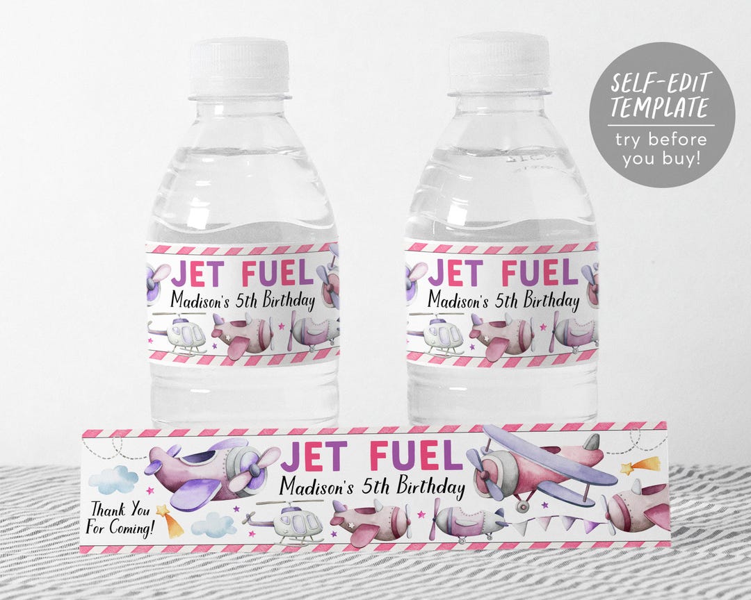 Airplane Party Water Bottle Labels Editable Template, Girl Plane Jet ...