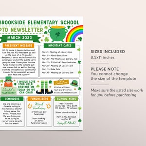 March PTO PTA Newsletter Flyer Editable Template, St. Patricks Day ...