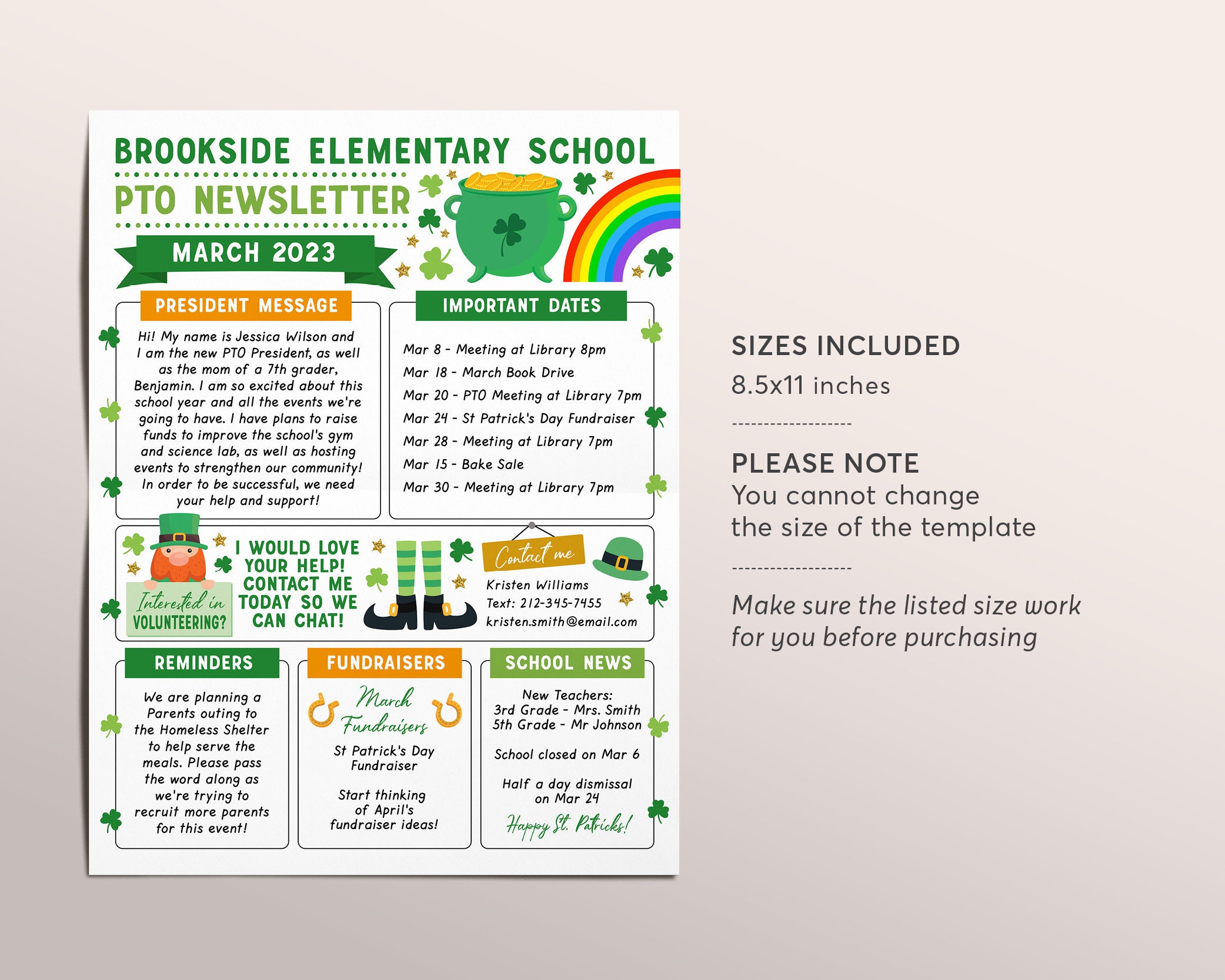 March PTO PTA Newsletter Flyer Editable Template, St. Patricks Day ...