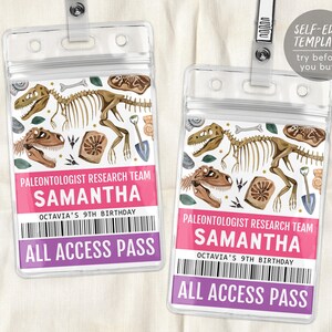 Dinosaur Party ID Badge VIP Pass Editable Template, Girl Paleontologist ...