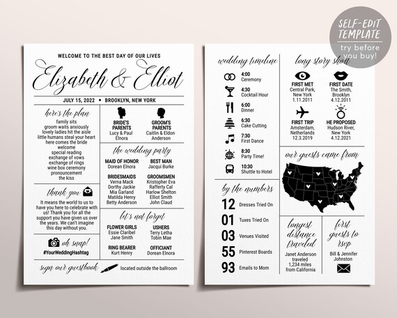 Elegant Calligraphy Wedding Program Template Black and White - Etsy