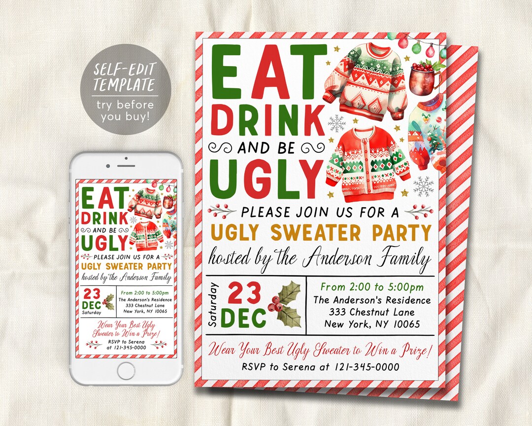 Ugly Christmas Sweater Party Invitation Editable Template, Xmas Party ...