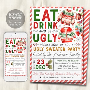 Ugly Christmas Sweater Party Invitation Editable Template, Xmas Party ...
