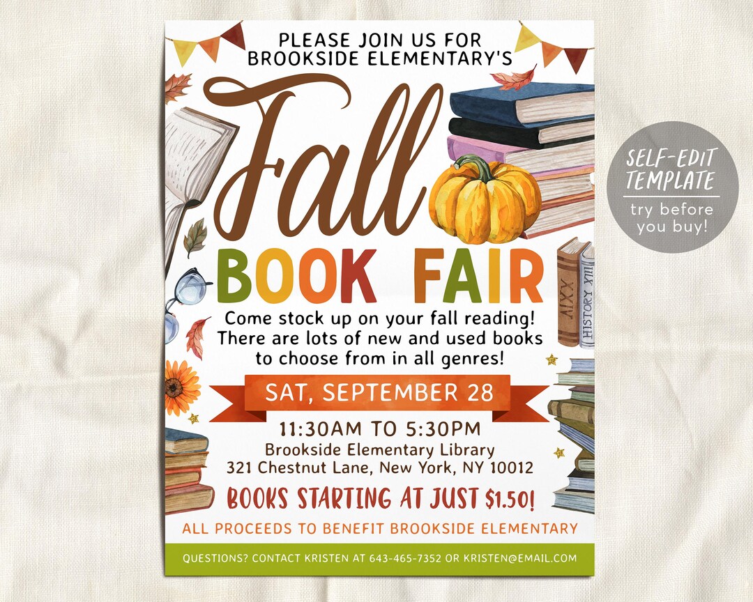 Fall Book Fair Flyer Editable Template, School Book Sale Fundraiser ...