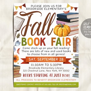 Fall Book Fair Flyer Editable Template, School Book Sale Fundraiser ...