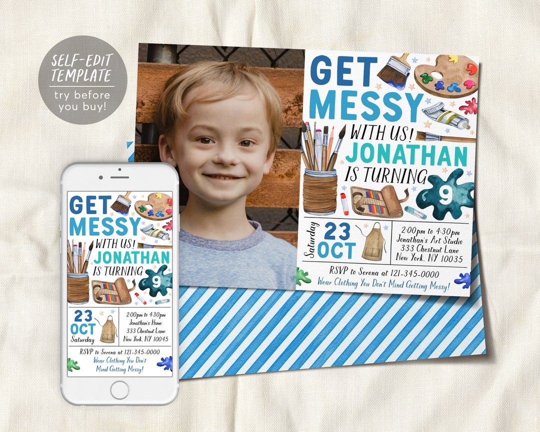 Art Birthday Party Invitation With Photo Editable Template, Lets Get ...