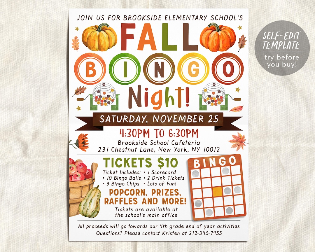 Fall Bingo Night Fundraiser Flyer Editable Template, Autumn Bingo Flyer ...
