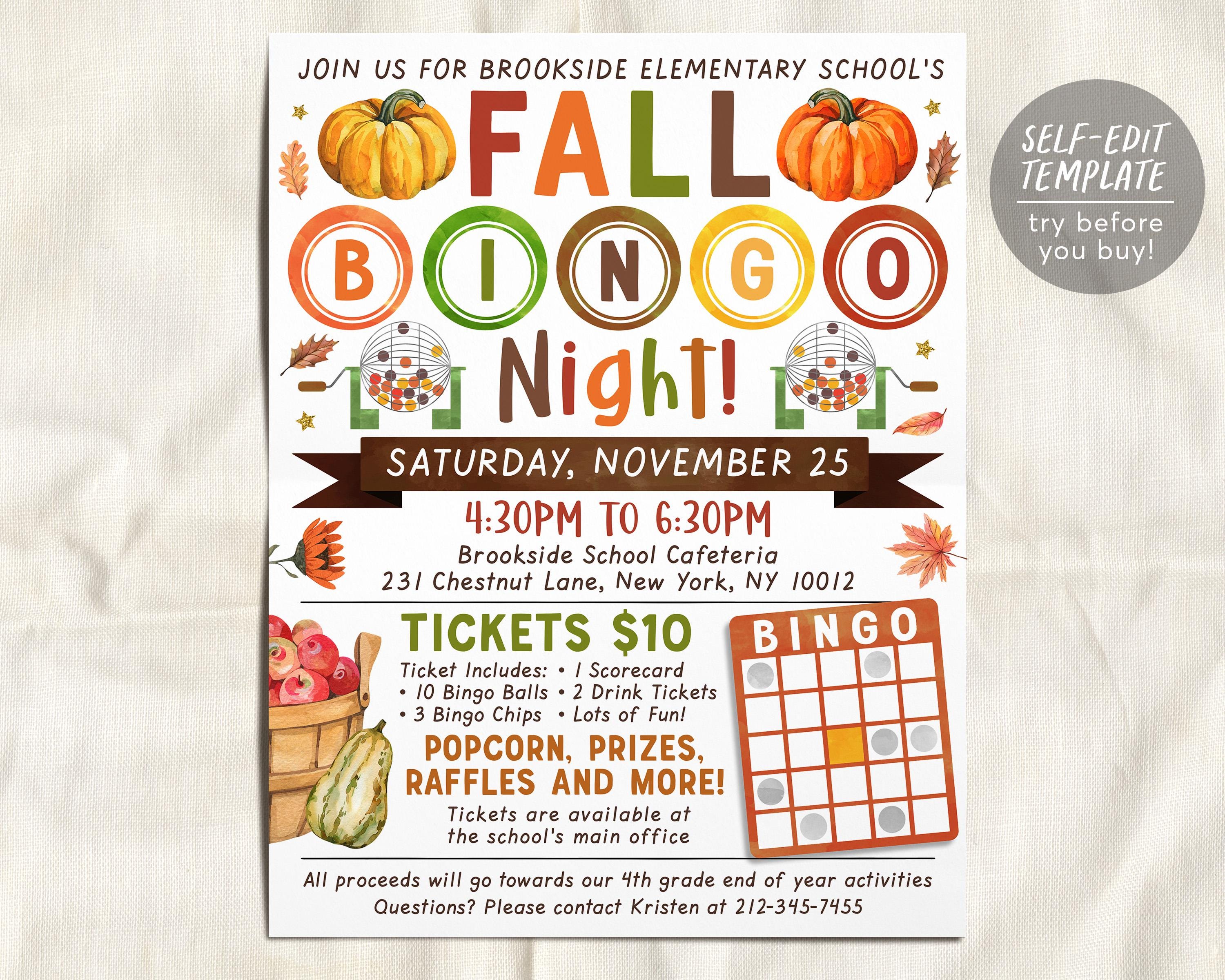 Fall Bingo Night Fundraiser Flyer Editable Template, Autumn Bingo Flyer ...