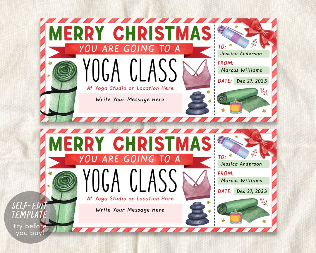 Christmas Yoga Classes Ticket Editable Template, Surprise Yoga Studio ...