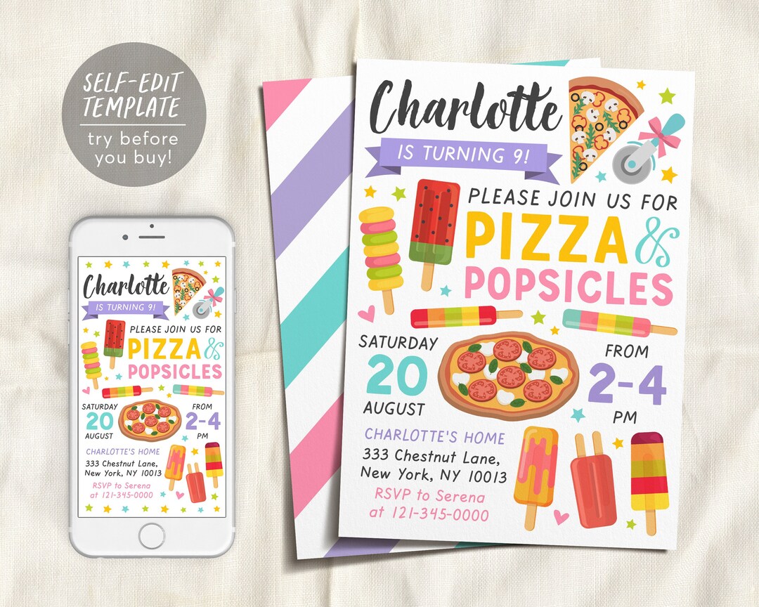 Pizza and Popsicles Birthday Party Invitation Editable Template, Pizza ...