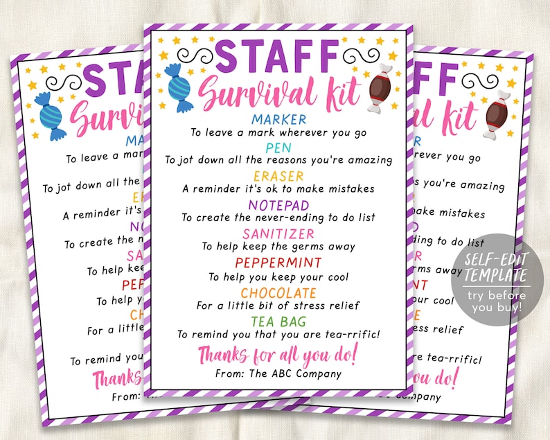 Staff Survival Kit Tag Editable Template Employee - Etsy