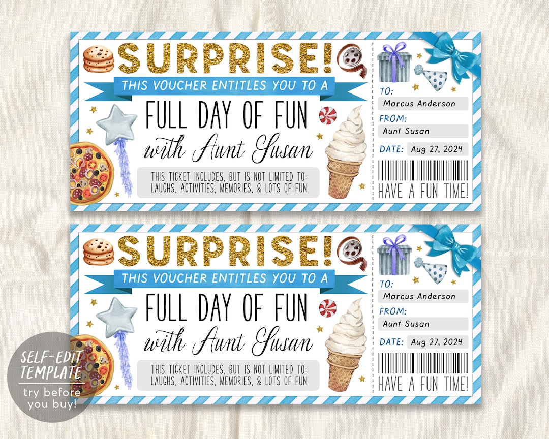 Fun Day Ticket Editable Template, Surprise Day of Fun With Aunt Gift ...