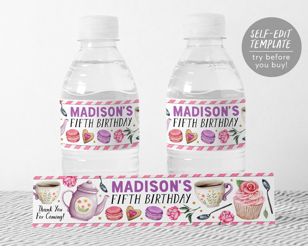 Tea Party Water Bottle Labels Editable Template, Let's Par-tea High Tea ...
