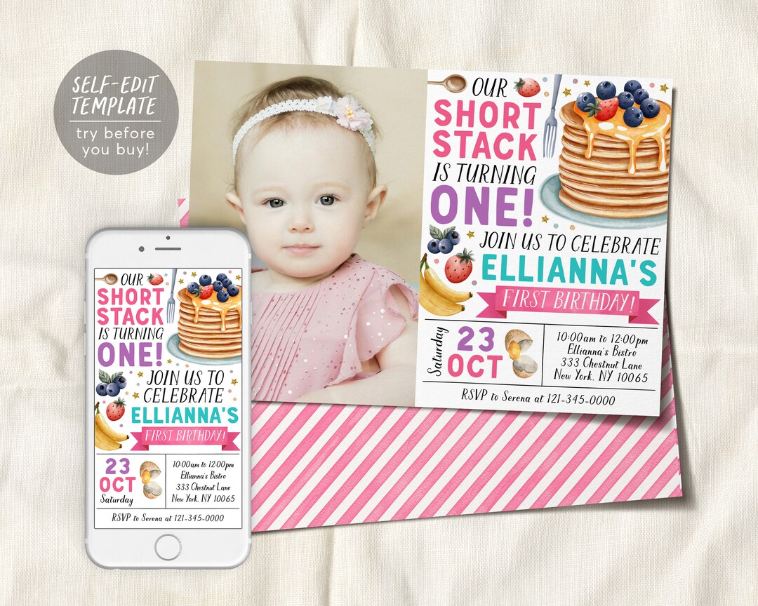 Pancakes Breakfast Birthday Invitation With Photo Editable Template ...