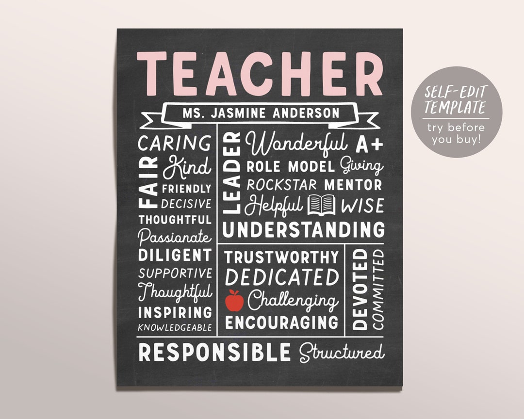 Editable Teacher Chalkboard Gift Print Template, Personalized Teacher's ...