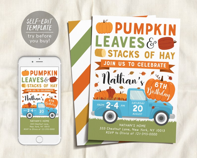 Fall Pumpkin Truck Birthday Invitation Editable Template Boy - Etsy