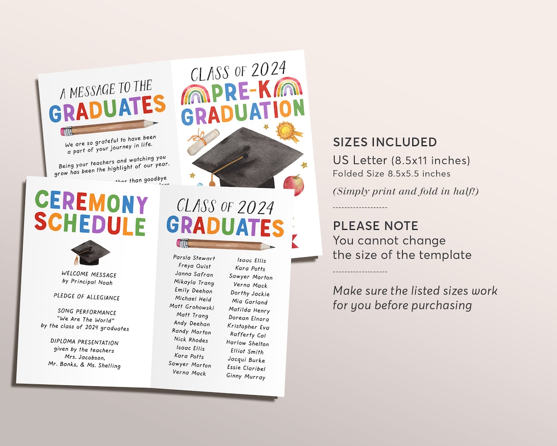 Pre-k Graduation Program Editable Template, Preschool Ceremony Program ...