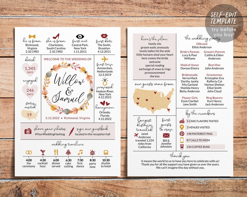 Editable Fall Wedding Program Autumn Boho Infographic - Etsy