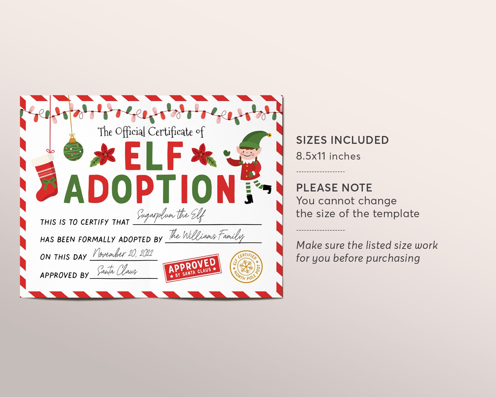 Elf Adoption Certificate Editable Template, Adopt Your Elf Elves Letter ...