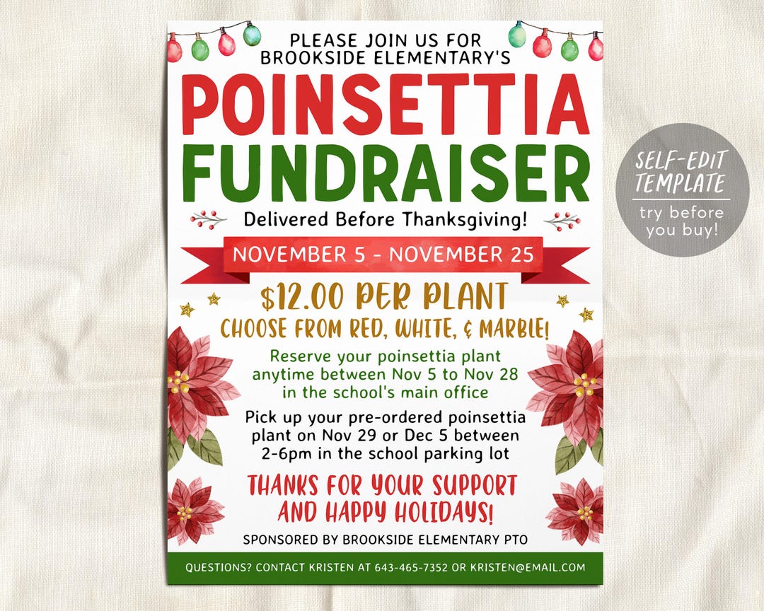 Poinsettia Fundraiser Flyer Editable Template, Christmas Poinsettia ...