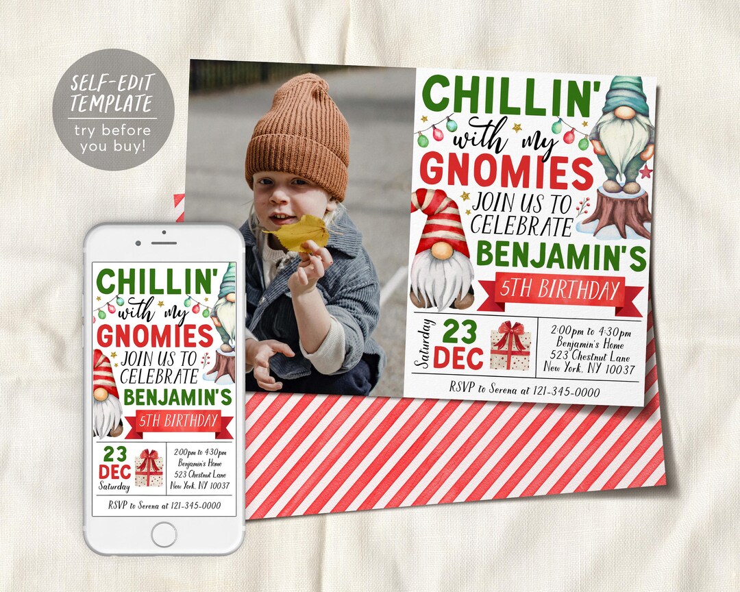 Gnome Birthday Invitation With Photo Editable Template, Kids Chillin ...
