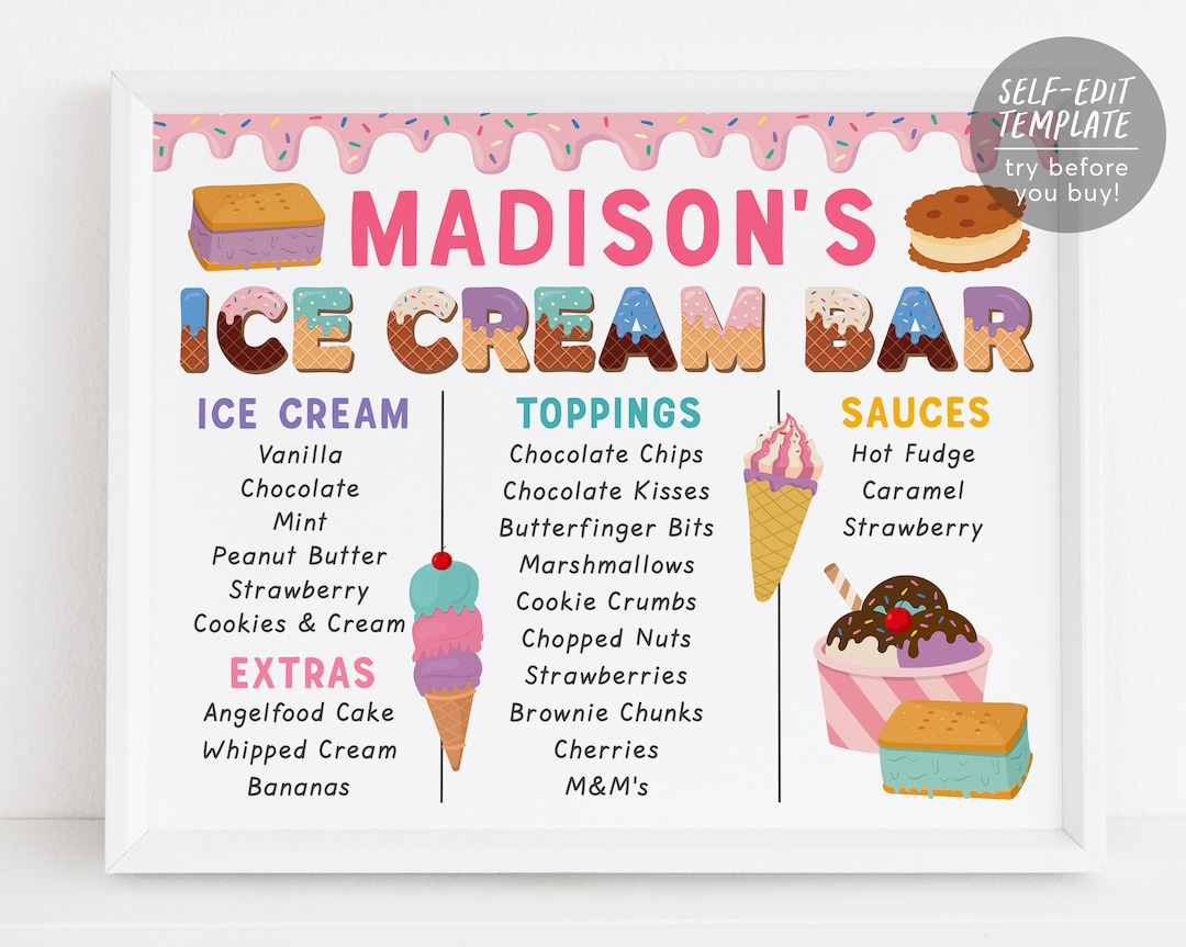 Ice Cream Birthday Menu Sign Editable Template, Girl Birthday Summer ...