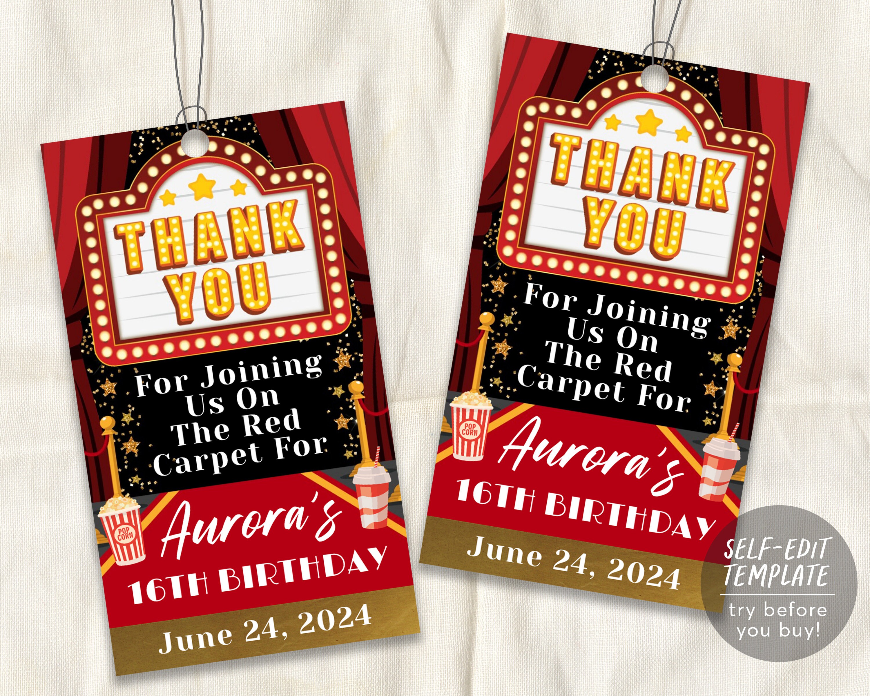 Red Carpet Movie Night Thank You Tags Editable Template, Hollywood VIP ...