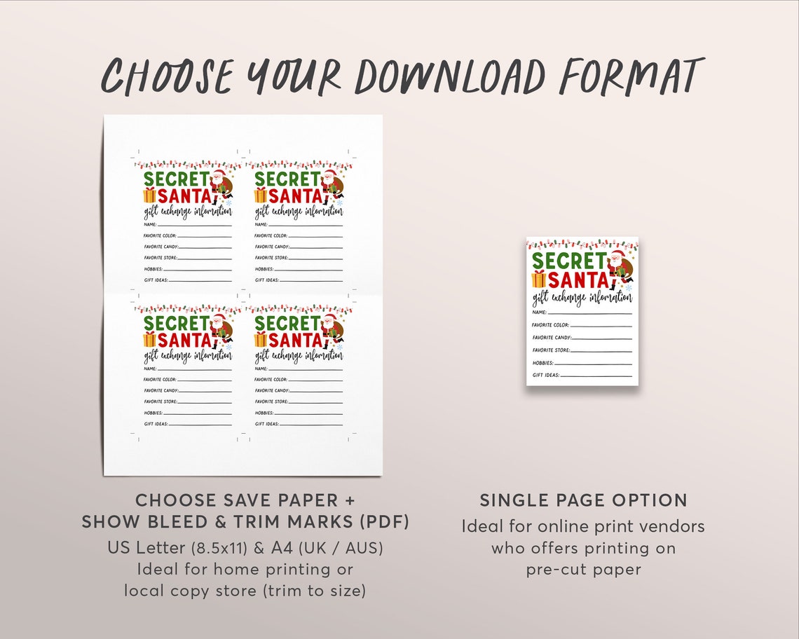 Secret Santa Gift Exchange Cards Editable Template Holiday - Etsy