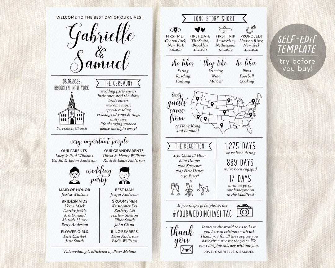 Infographic Wedding Program Editable Template, Non Traditional Black ...