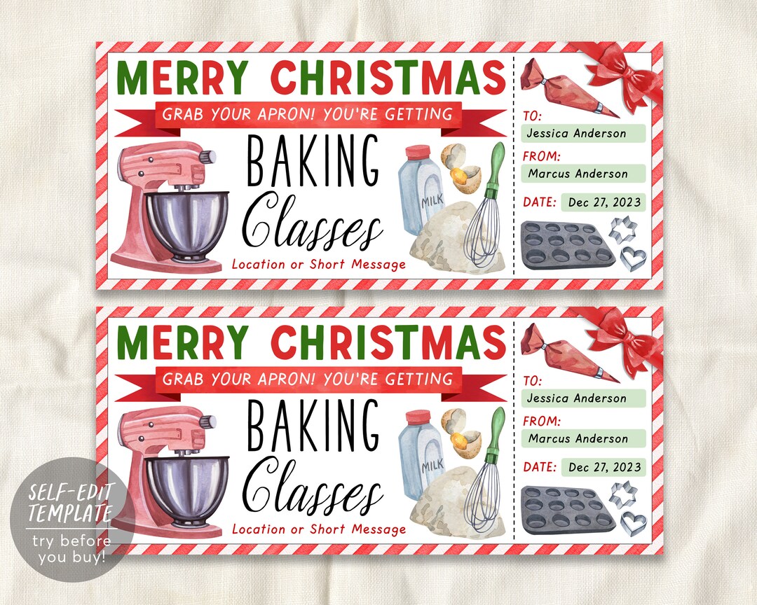 Baking Classes Christmas Gift Certificate Ticket Editable Template ...
