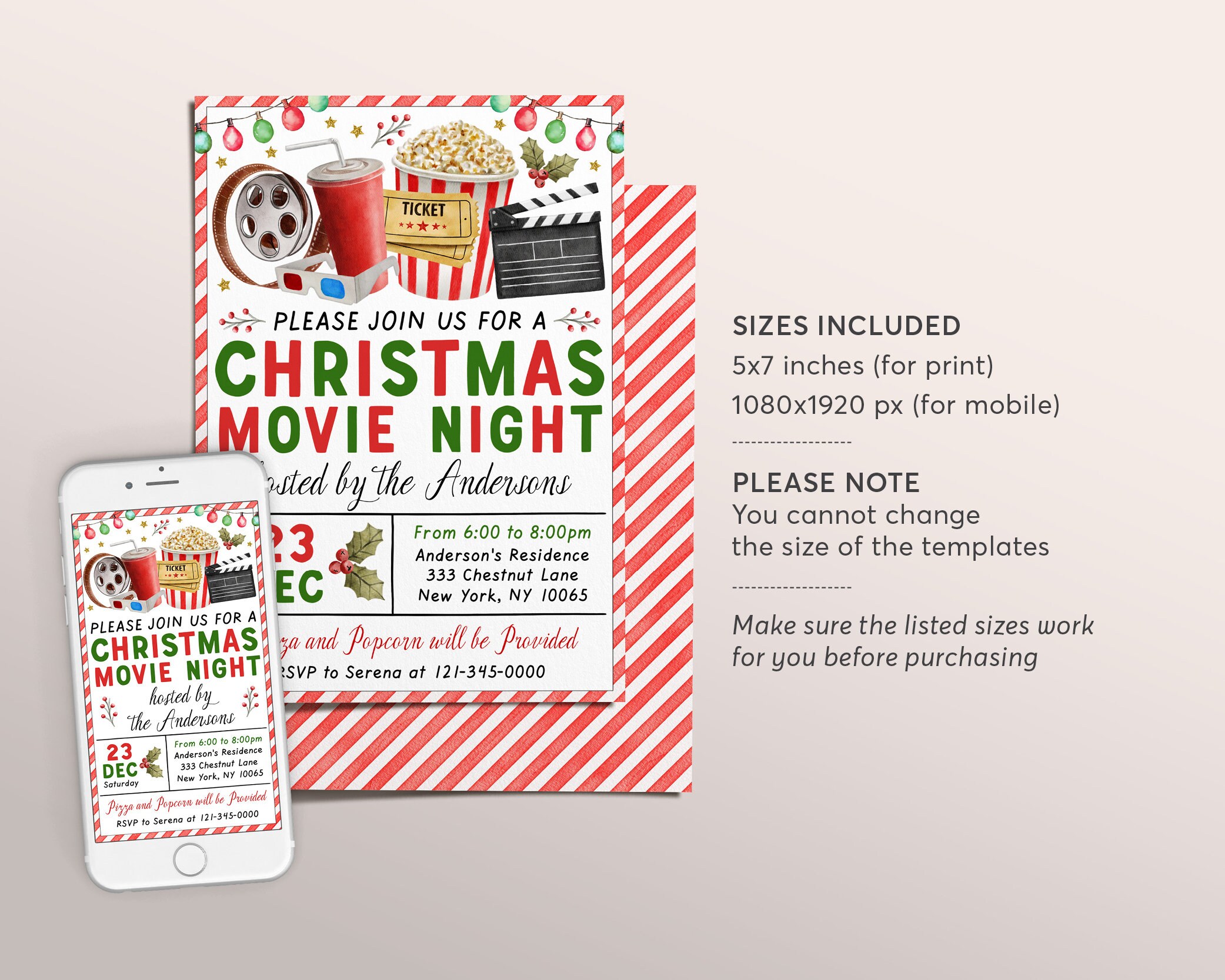 Christmas Movie Night Invitation Editable Template, Xmas Holiday Movie ...
