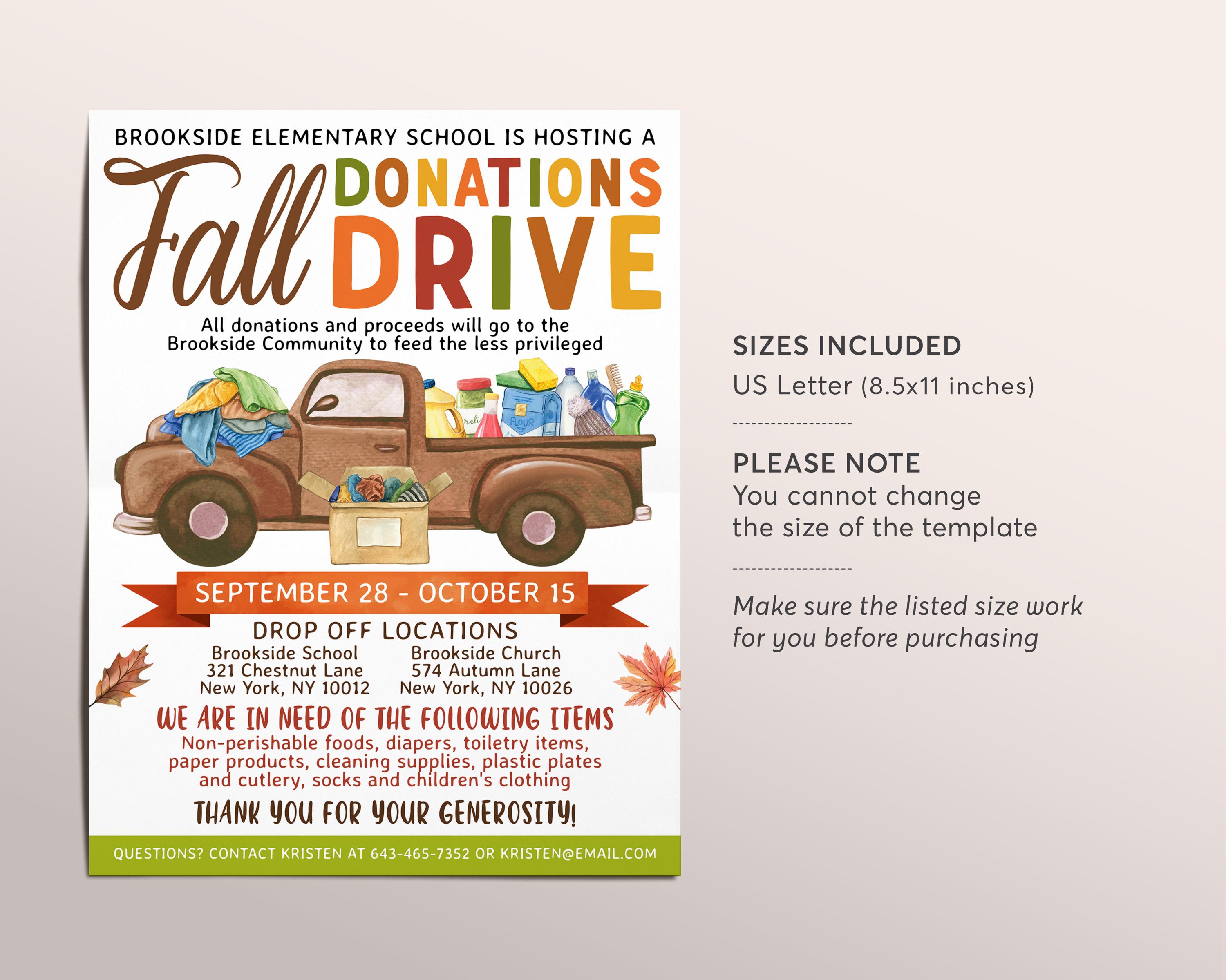 Fall Donation Drive Flyer Editable Template, Thanksgiving Food Drive ...