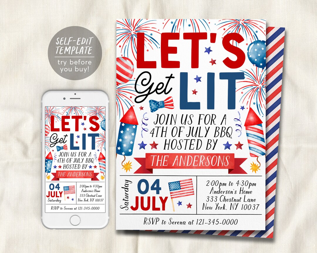 4th of July Invitation Editable Template, Lets Get Lit Patriotic Fourth ...