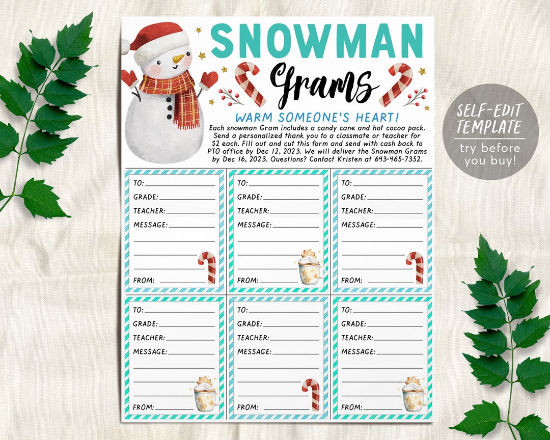 Snowman Christmas Gram Fundraiser Flyer Editable Template, Holiday ...