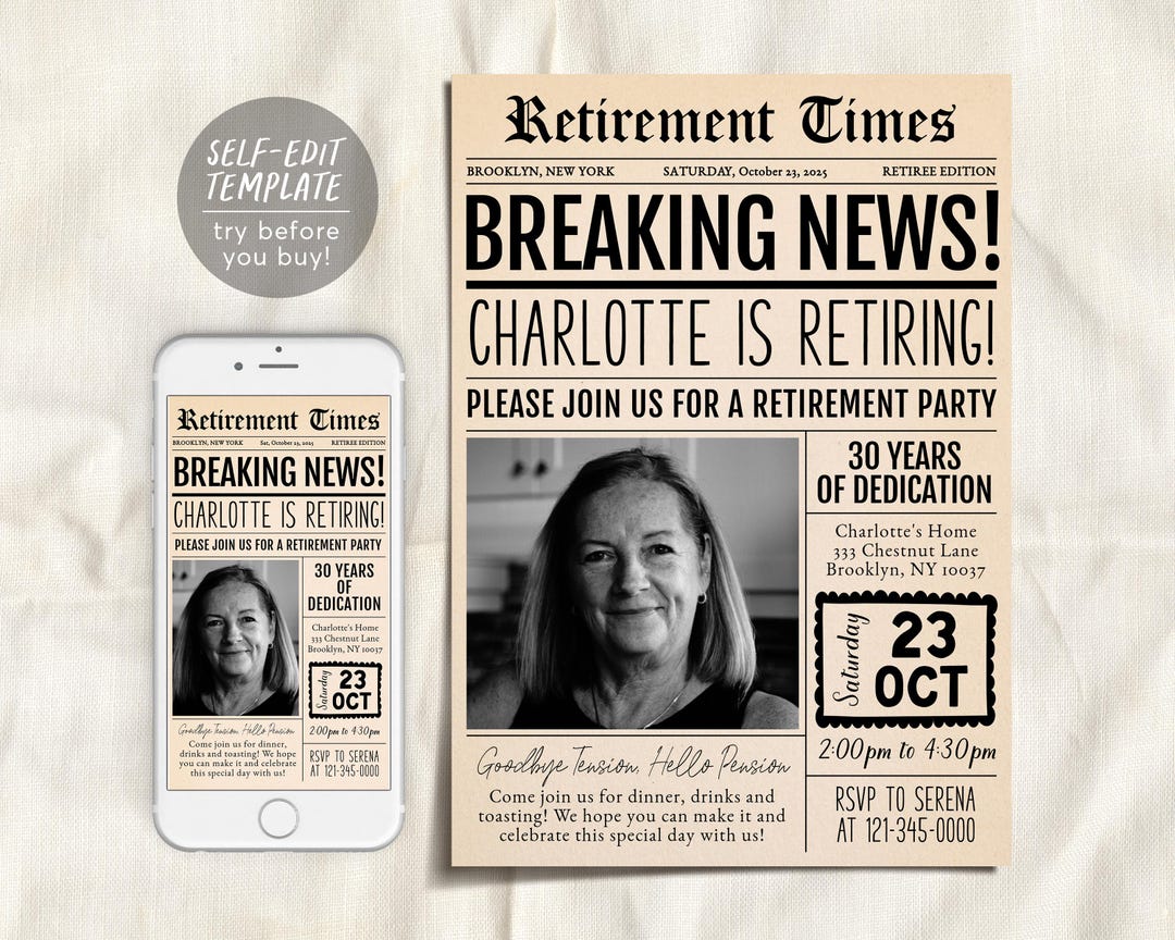 Retirement Newspaper Invitation Editable Template, Retirement Surprise ...