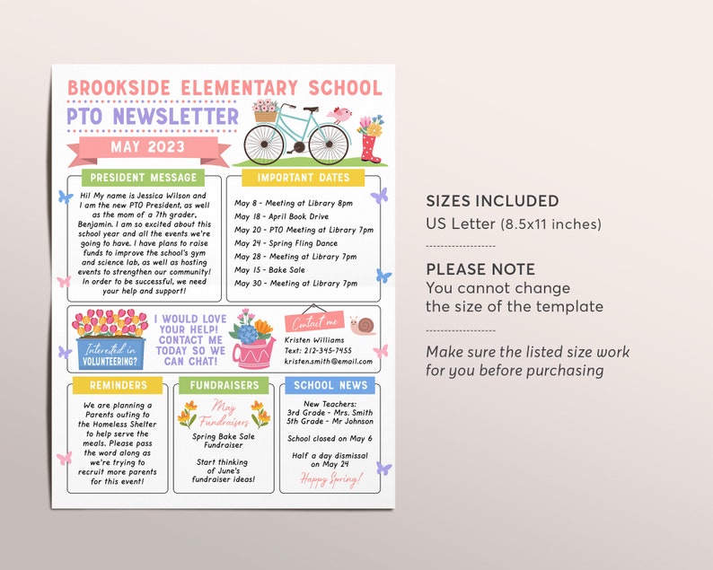 May PTO PTA Newsletter Flyer Editable Template, Spring Floral Flyer ...