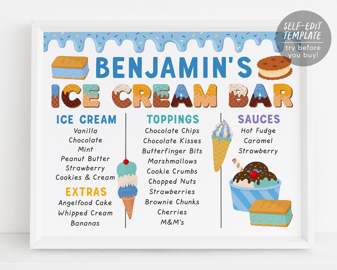 Ice Cream Birthday Menu Sign Editable Template, Boy Birthday Summer ...